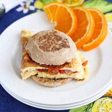 Western Omelet Breakfast Sandwich Recipe with Ham, Peppers & Salsa